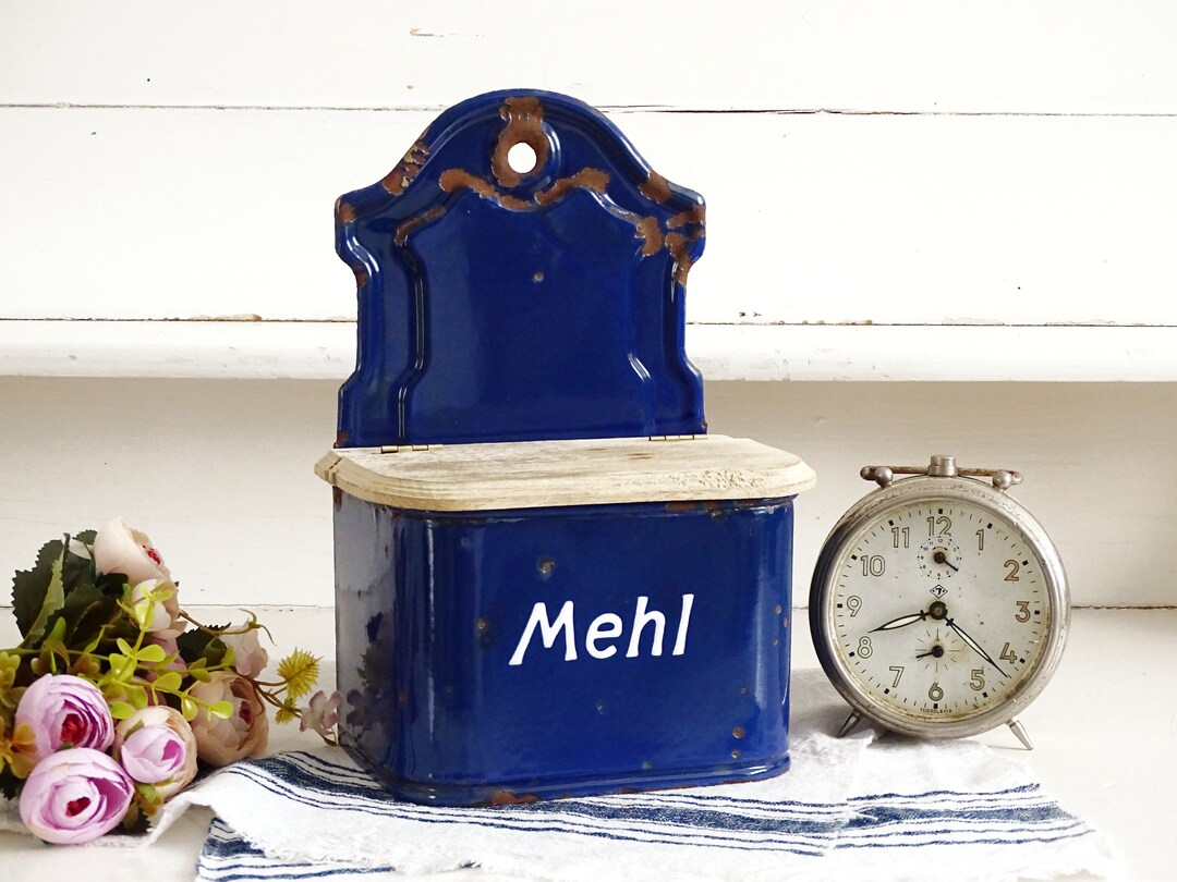 Blue Enamel Salt Box Wood Lid Antique Salt Storage Box Salt - Etsy