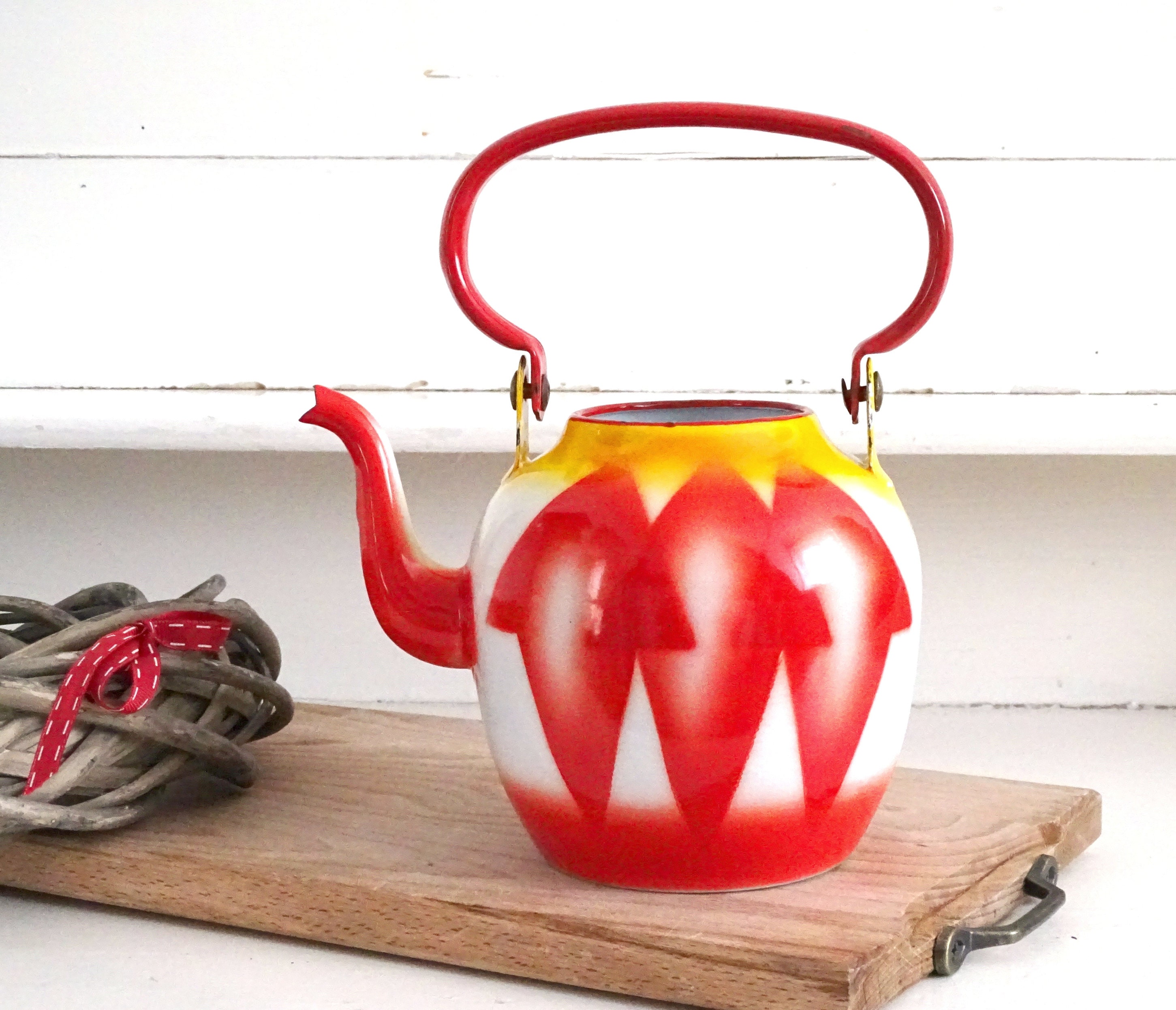 Red Yellow Enamel Tea Kettle Teapot Retro Enamel Coffee Tea - Etsy