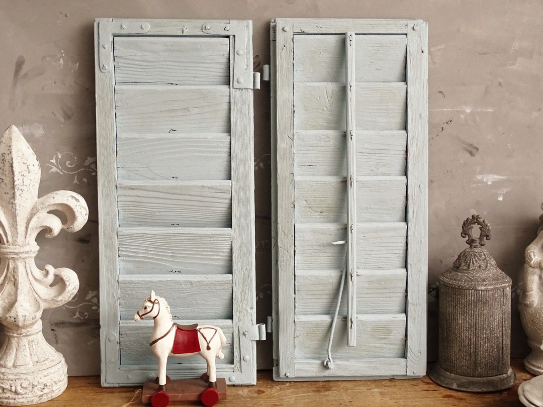 1 Antique Window Shutters Panel, Louvered Blue Shutters Wood, Exterior ...