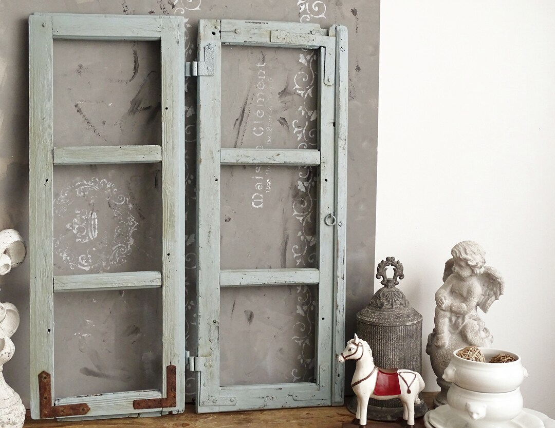 1 Antique Blue Wood Window Frame, Old Rustic Window 3 Pane, Primitive ...