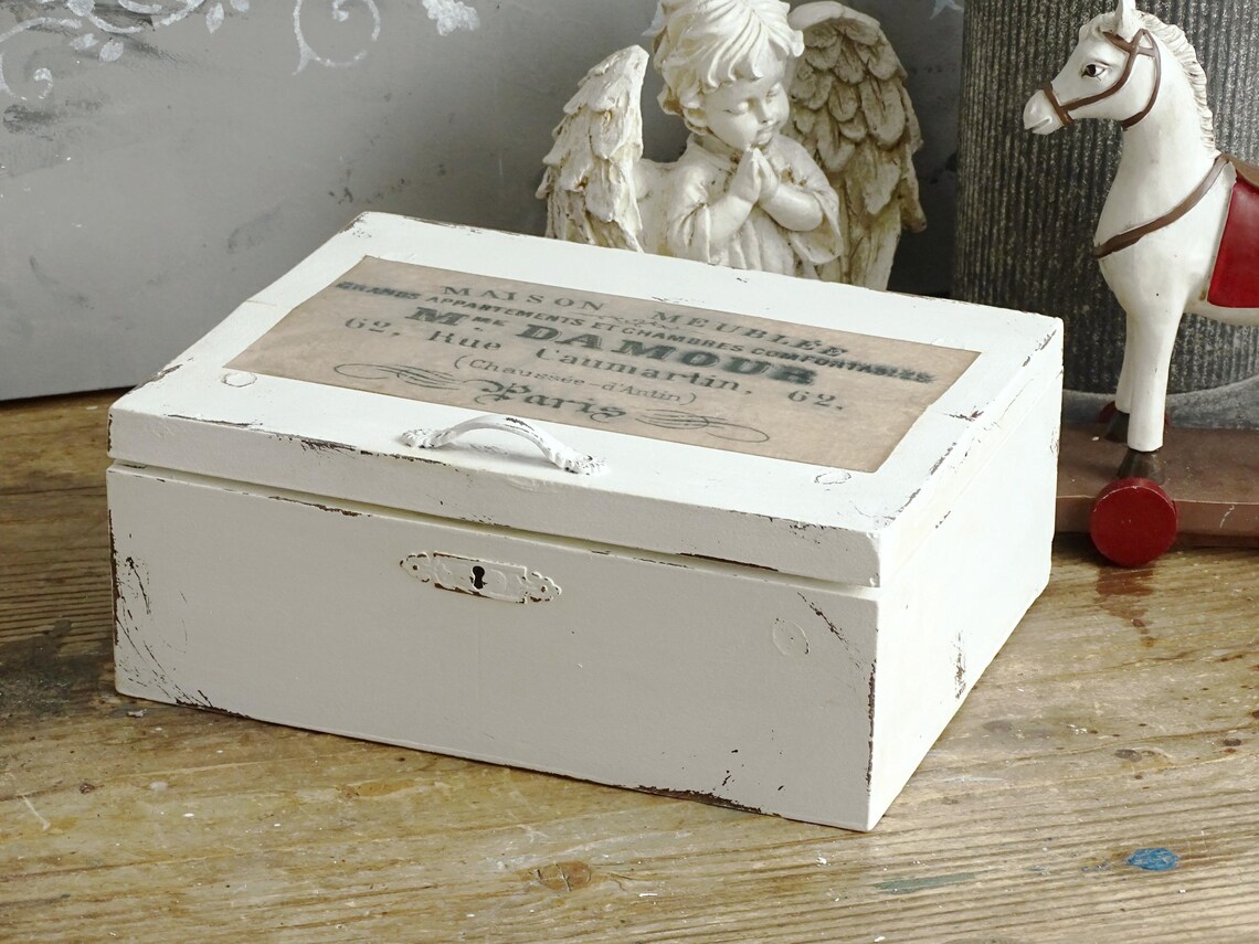 Antique White Wood Box French Label, Shabby Chic Storage Box, Hope ...