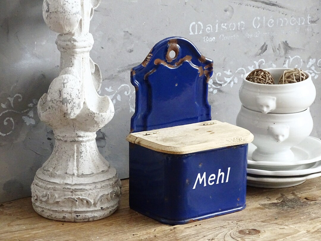 Blue Enamel Salt Box Wood Lid, Antique Salt Storage Box, Salt Cellar ...