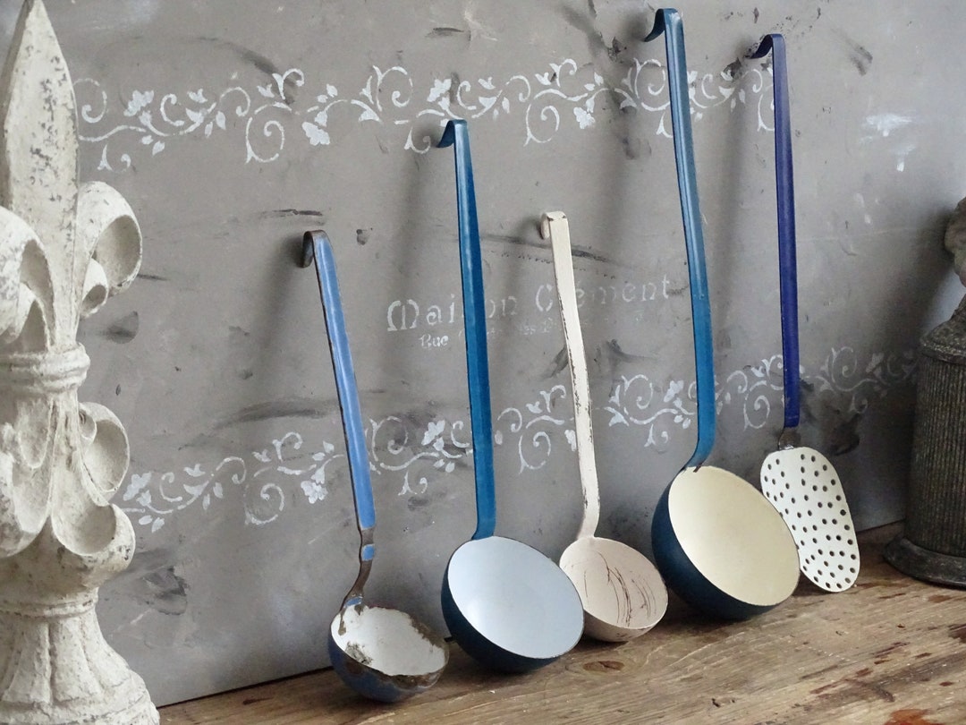 Blue Enamel Ladle, Enamel Soup Serving Spoon, Blue Enamelware, Rustic ...