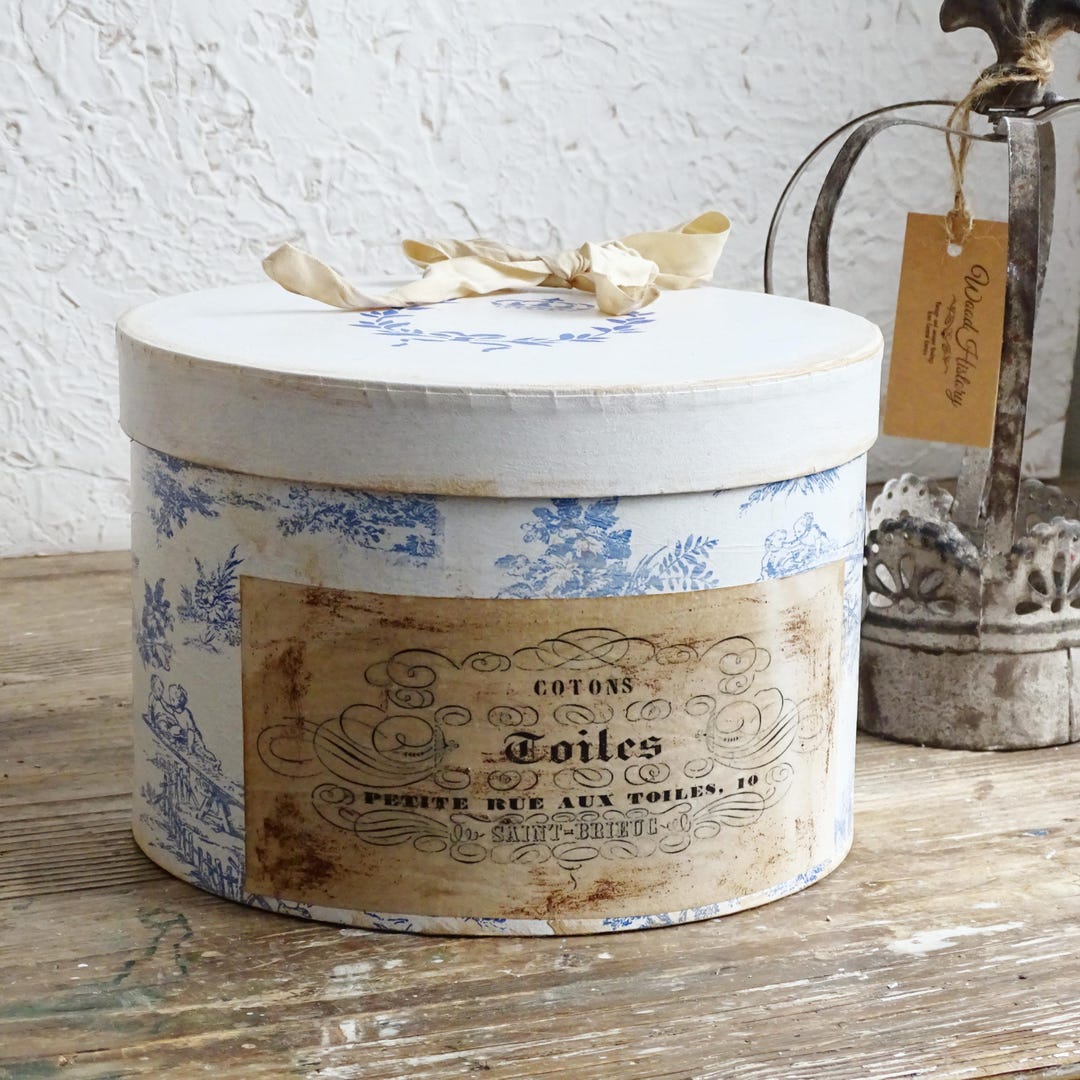 Shabby Chic Aged Hat Box, Blue Toile Romantic Storage Box, Vintage ...