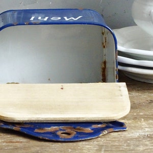 Blue Enamel Salt Box Wood Lid, Antique Salt Storage Box, Salt Cellar ...