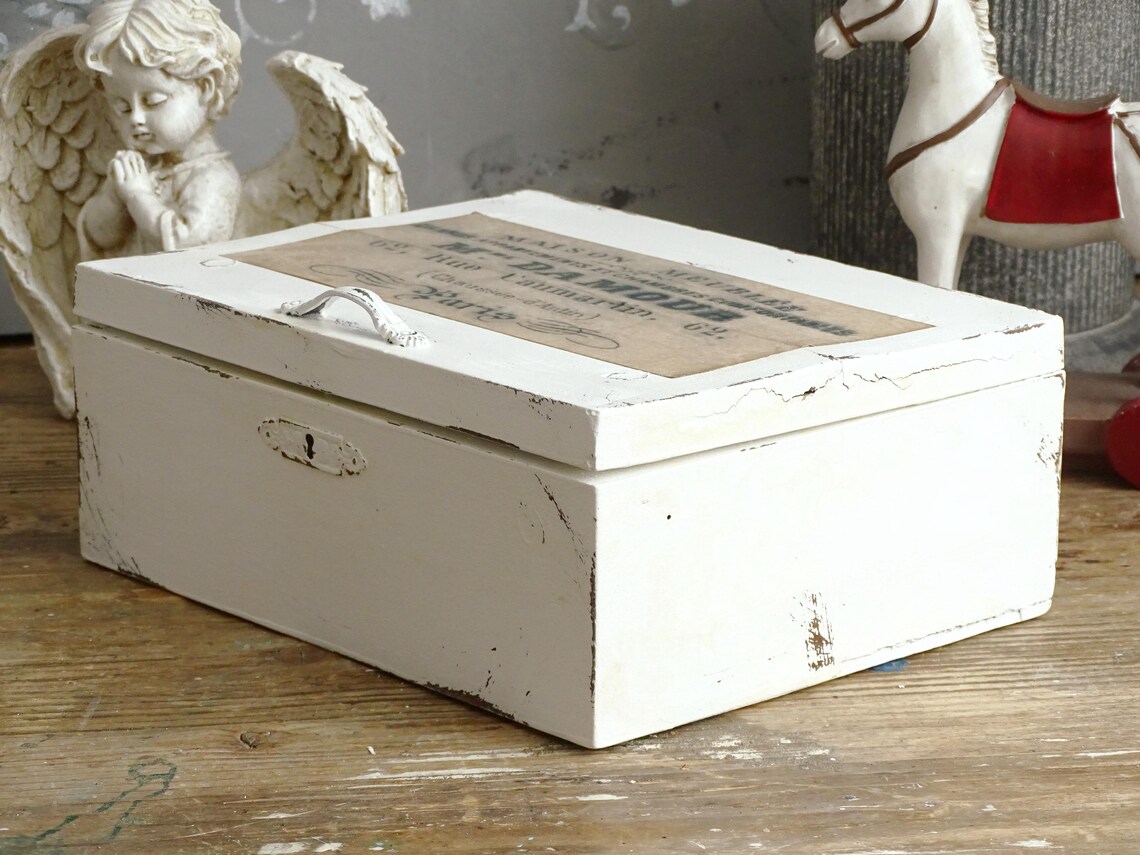 Antique White Wood Box French Label, Shabby Chic Storage Box, Hope ...