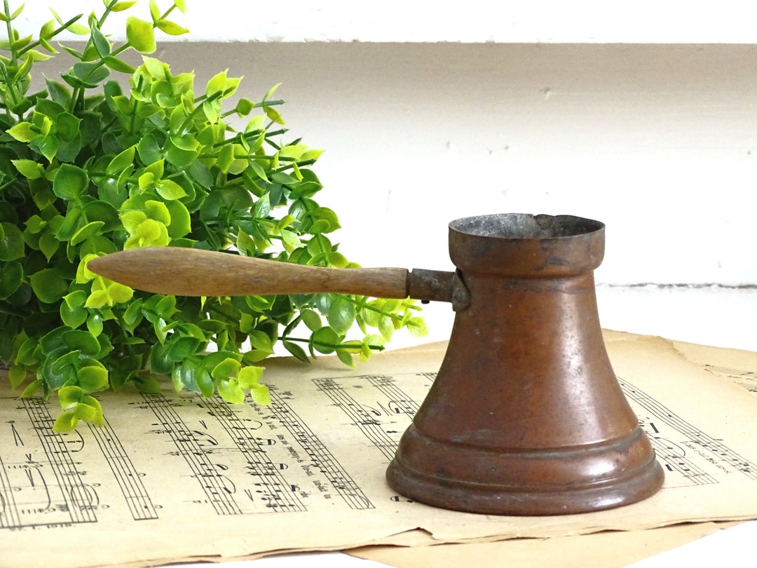 Rustic Copper Cezve With Wooden Handle, Vintage Turkish Coffee Pot ...