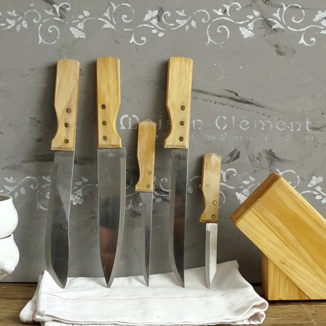 Set 5 Knives in Wood Standing Knife Block, Table Top Wood Knife Holder ...