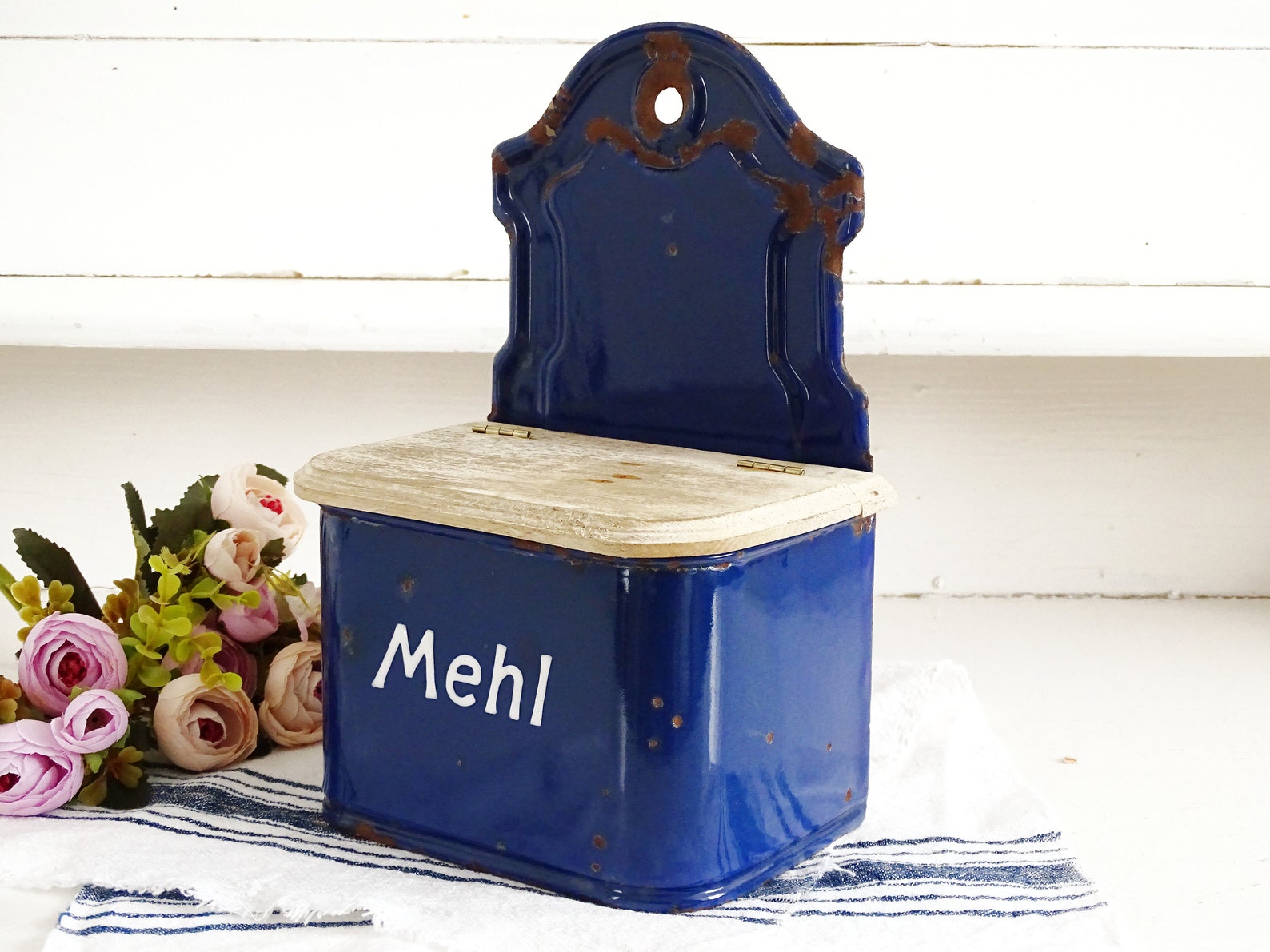 Blue Enamel Salt Box Wood Lid Antique Salt Storage Box Salt - Etsy