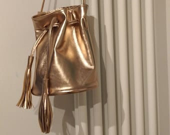 Rose Gold Leather Bucket Bag, Small Copper Leather Bucket Bag With ...