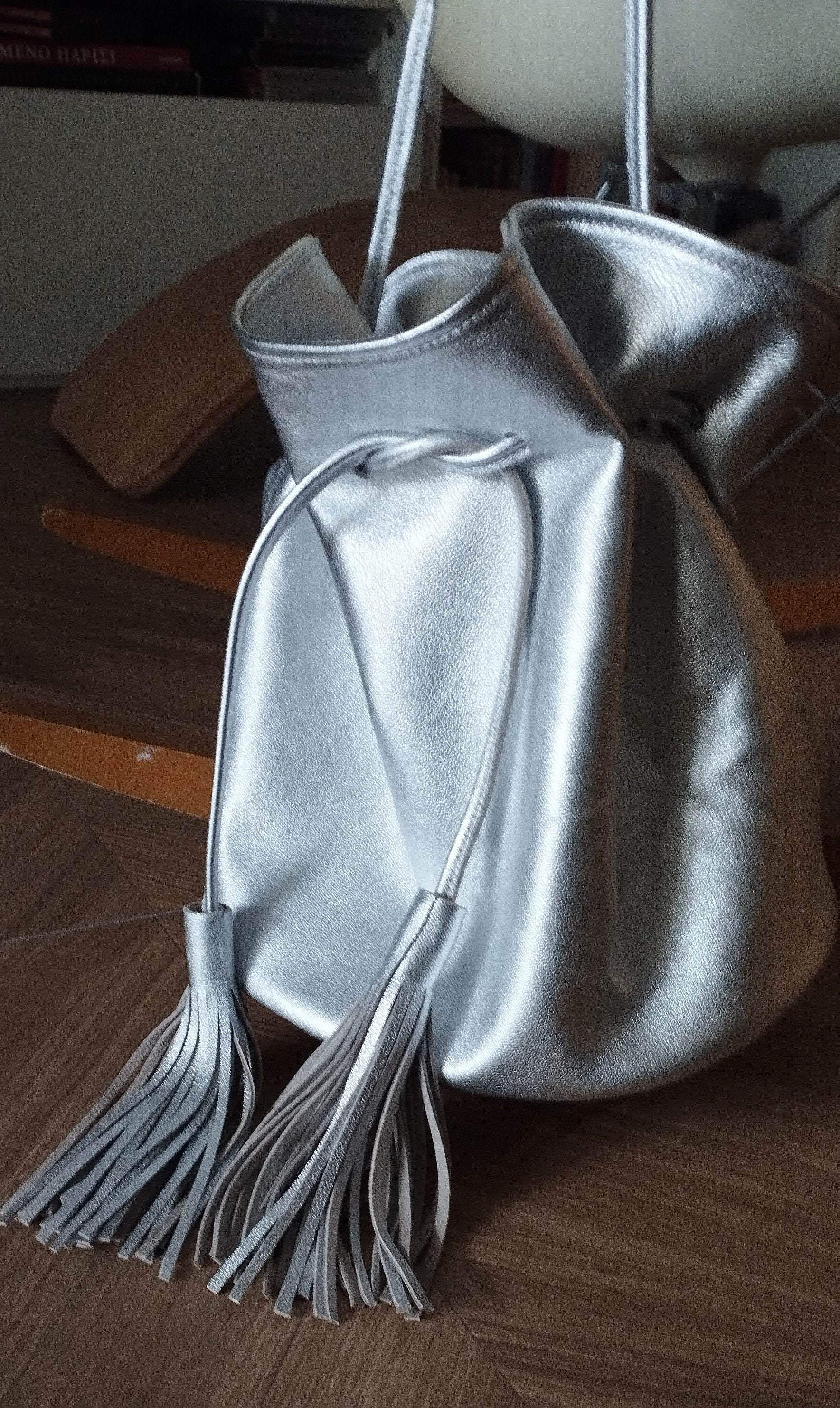 Silver Metallic Leather Bucket Bag, Silver Leather Bucket Bag With ...