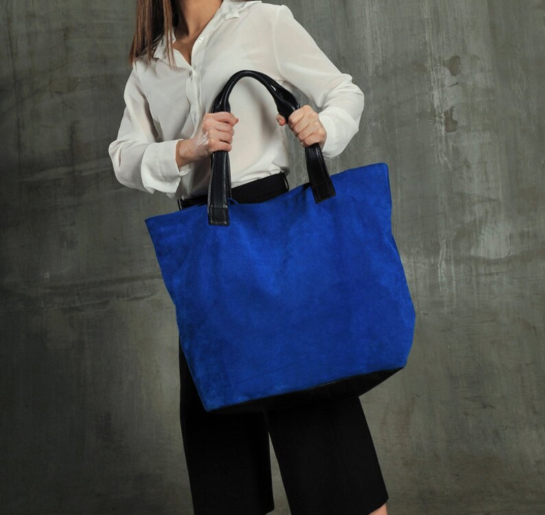 Blue Leather Tote Bag, Large Leather Shoulder Bag, Suede Shopping Bag ...