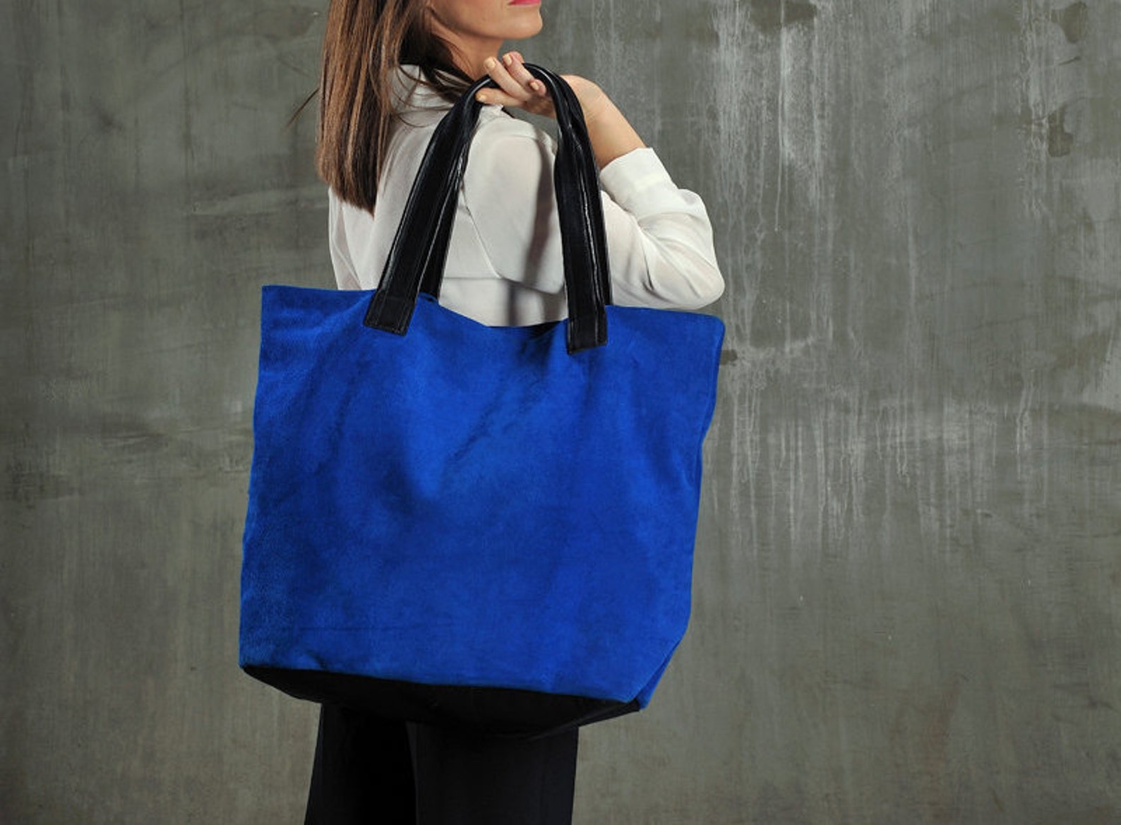 Blue Leather Tote Bag, Large Leather Shoulder Bag, Suede Shopping Bag ...