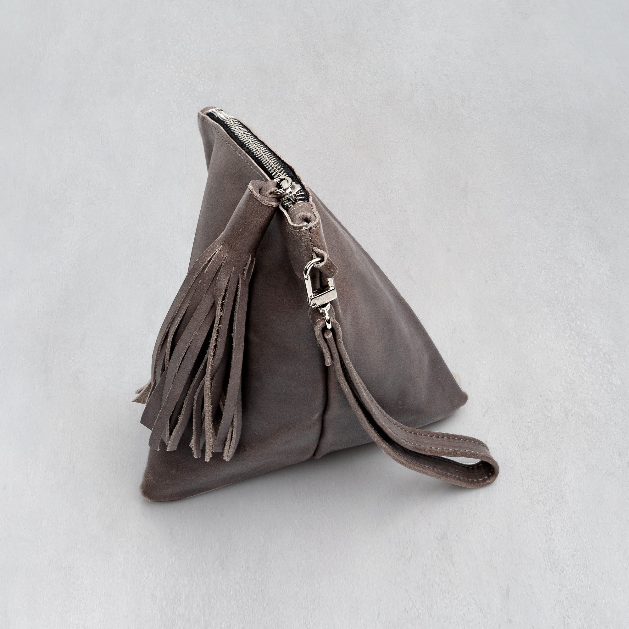Triangle Leather Clutch, Grey Pyramid Clutch, Leather Pouch, Triangle ...