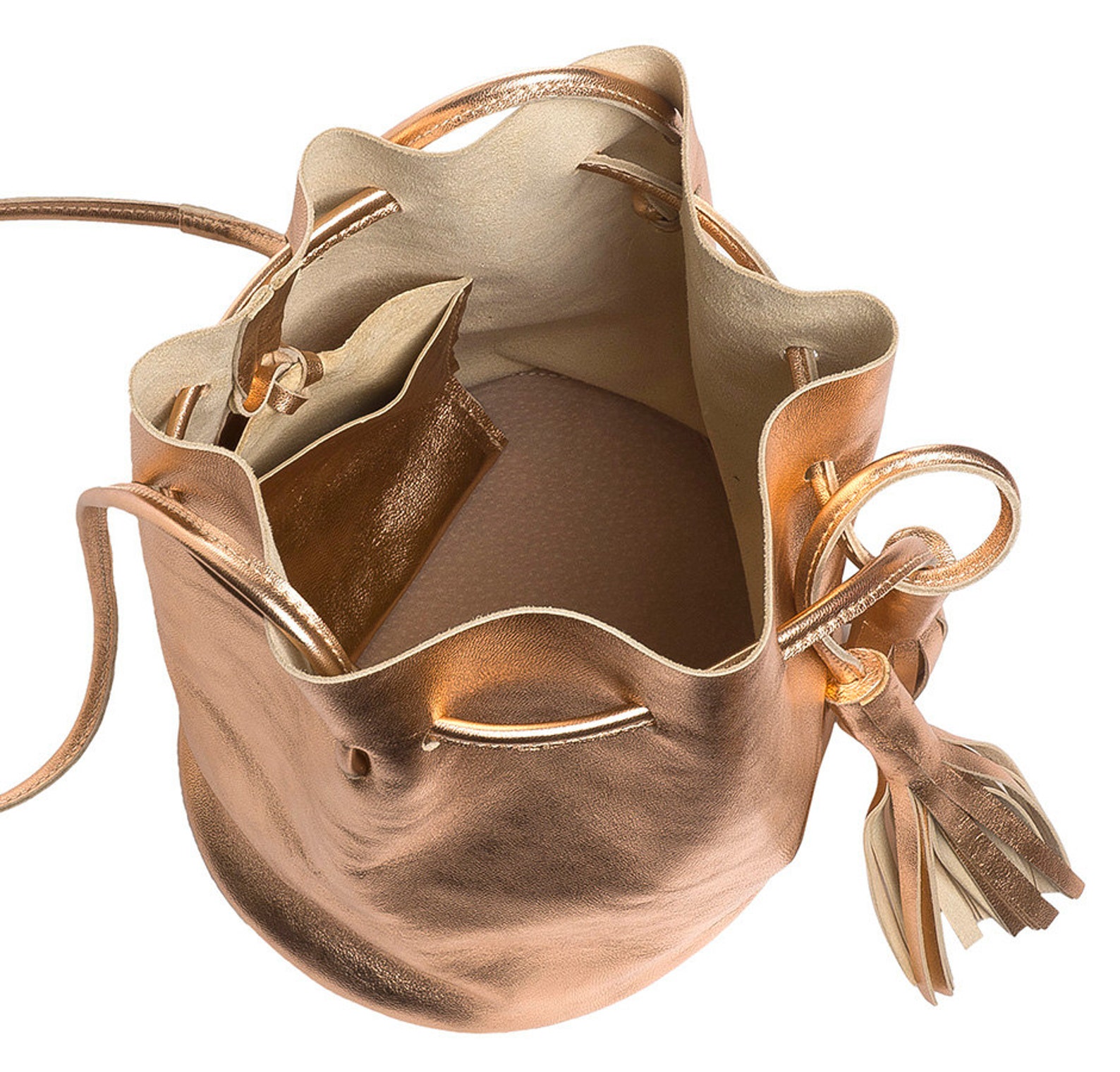 Rose Gold Leather Bucket Bag, Small Copper Leather Bucket Bag With ...