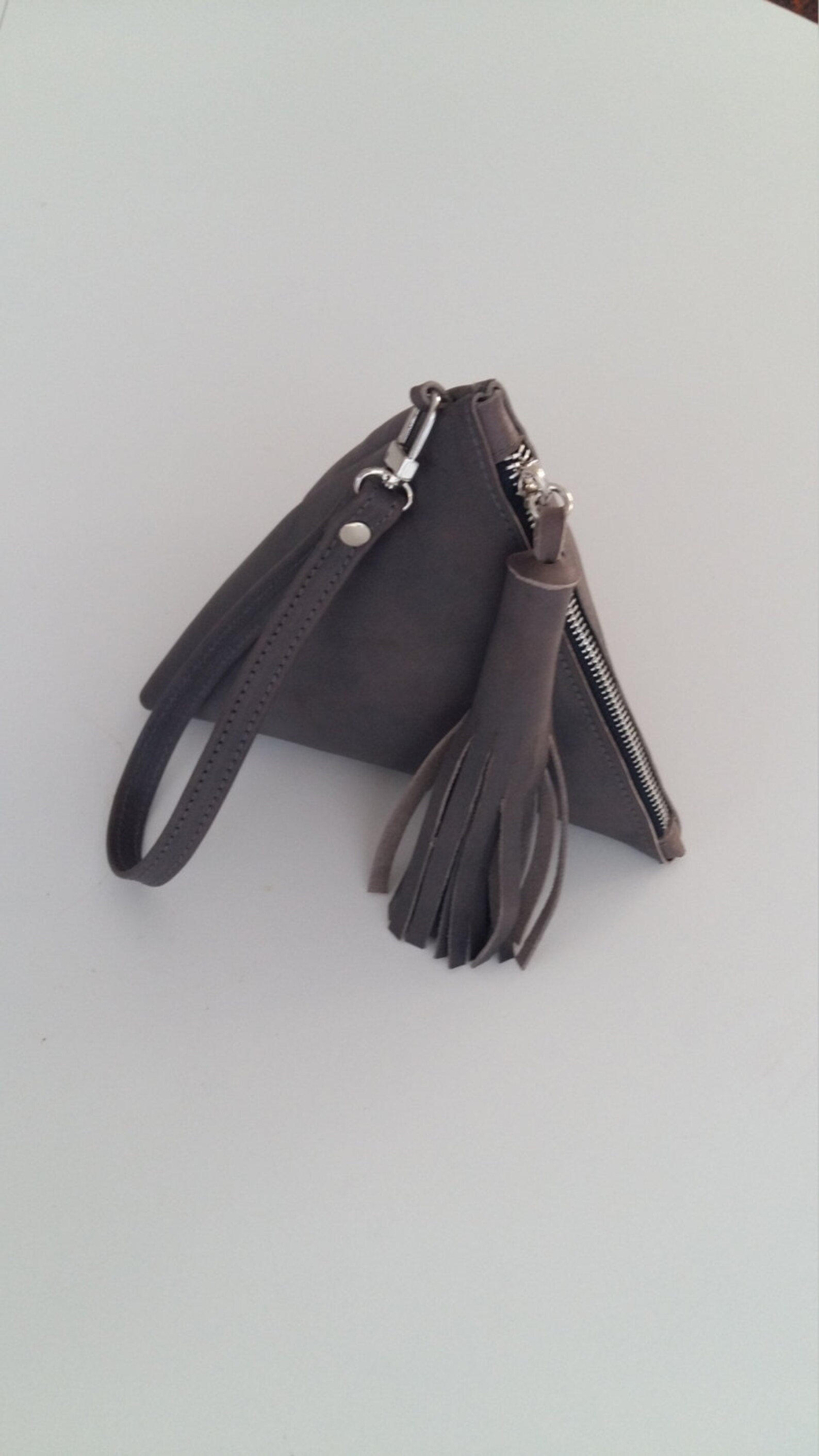 Triangle Leather Clutch, Grey Pyramid Clutch, Leather Pouch, Triangle ...
