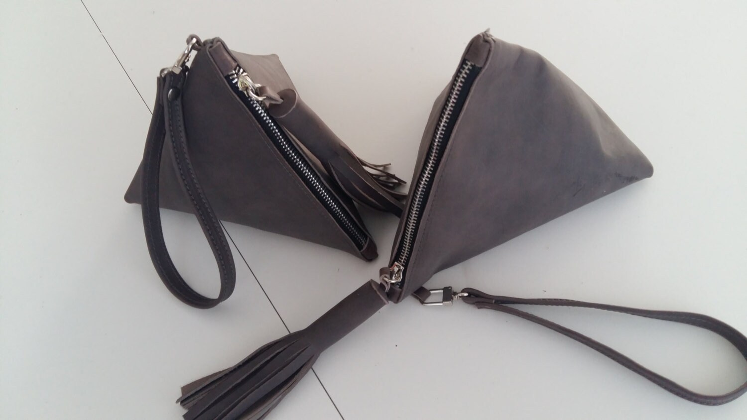 Triangle Leather Clutch, Grey Pyramid Clutch, Leather Pouch, Triangle ...