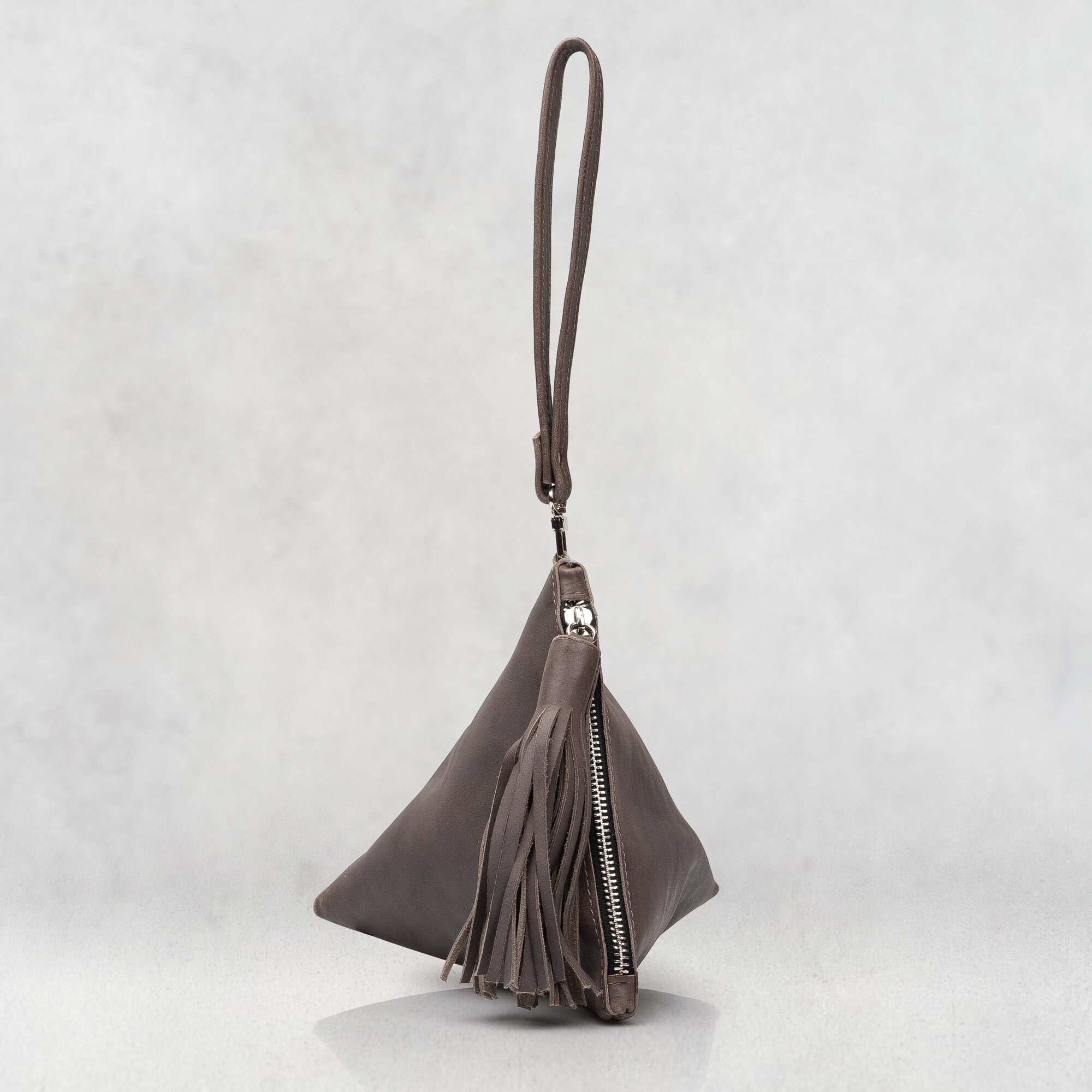 Triangle Leather Clutch, Grey Pyramid Clutch, Leather Pouch, Triangle ...