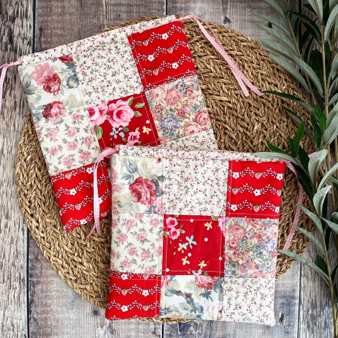 Red and Pink Floral Patchwork Bag, Sewing Notion Bag, Drawstring Bag - Etsy