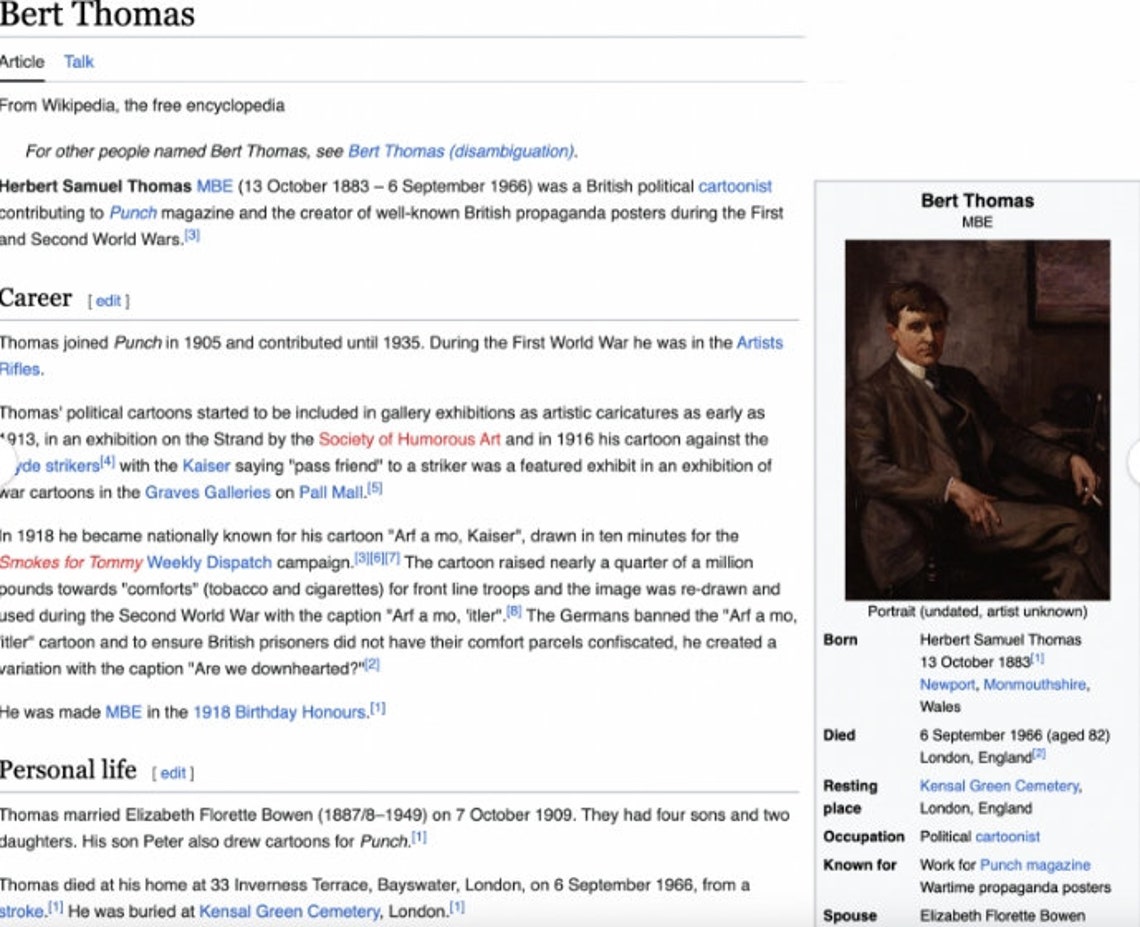 Bert Thomas Signed Original Early 20th Century WW2 Political Cartoon ...