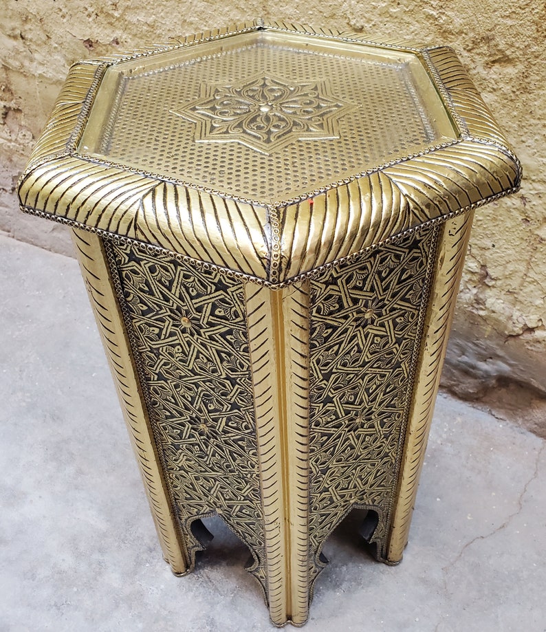 Moroccan Hexagonal Metal Inlaid Side Table Gold Finish - Etsy