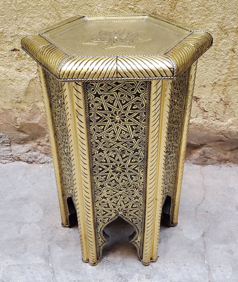 Moroccan Hexagonal Metal Inlaid Side Table Gold Finish - Etsy