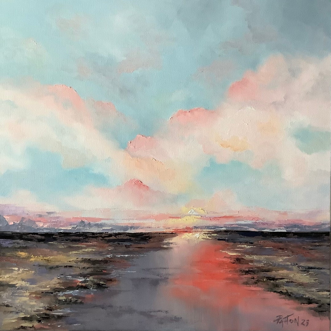 Impressionist Landscape Sunset Clouds Sky River Scene Original Oil ...