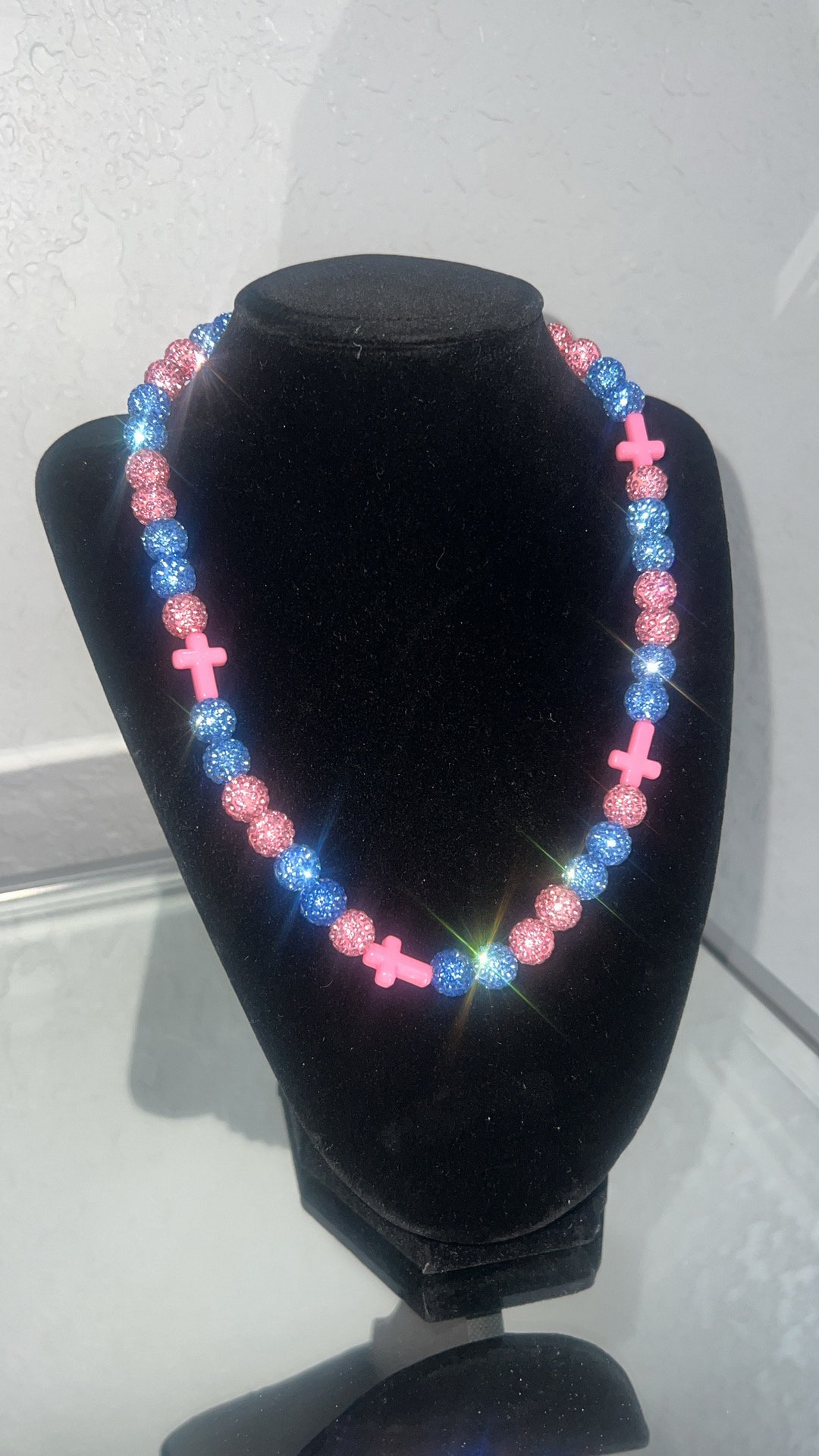 Customizable Bling Baseball Bead Necklace: Pink & Blue Drip - Etsy