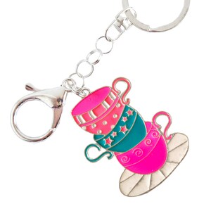 Stacked Teacups Keychain Large Enameled Charm Pink & Blue Tea Cups and ...