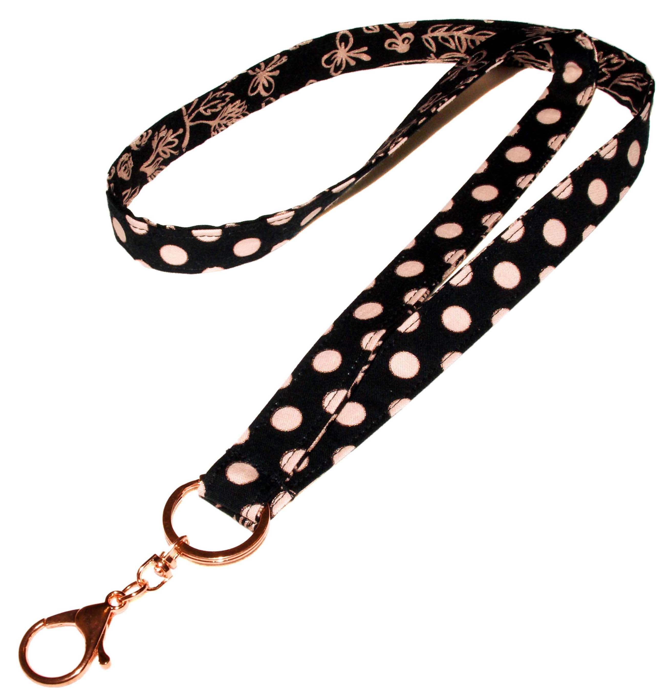 Reversible Lanyard • Rose Gold Metallic Print • Floral Vine on Black or ...