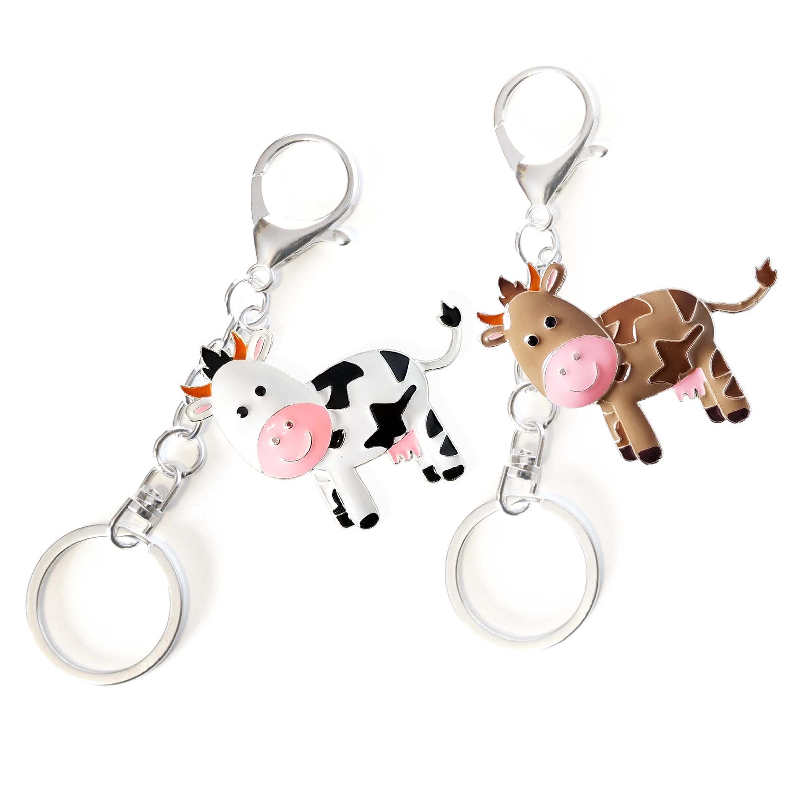 Happy Cow Keychain • Enamel Cow Charm • Brown • Black & White • Keyring ...