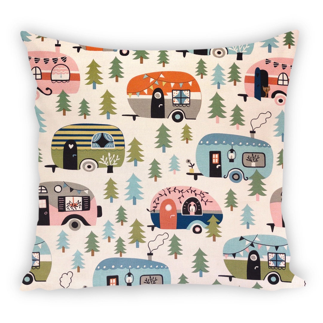 Retro Campers Pillow Cover • Colorful Camping Trailers on Cream • Fits ...