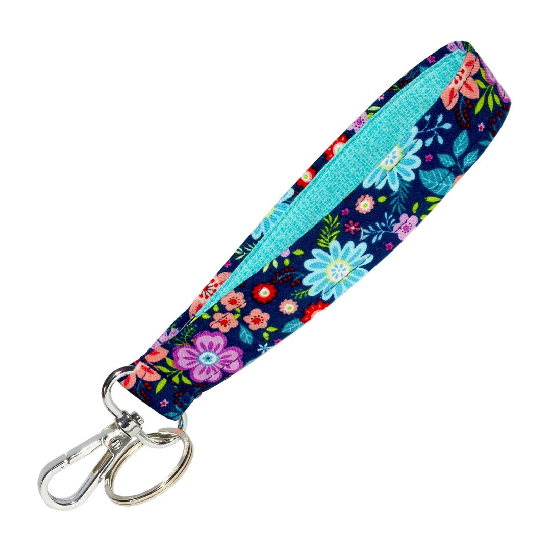 Navy Blue Floral Keychain • Flower Key Fob • Key Fob Wristlet ...