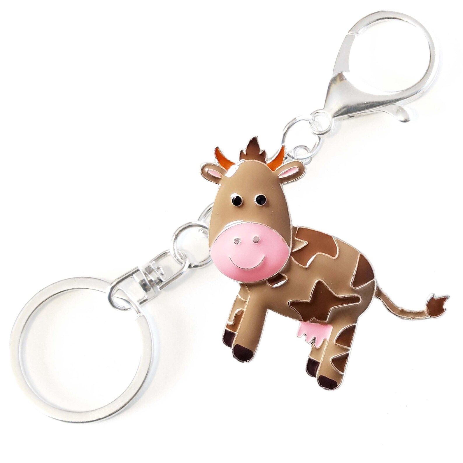 Happy Cow Keychain • Enamel Cow Charm • Brown • Black & White • Keyring ...