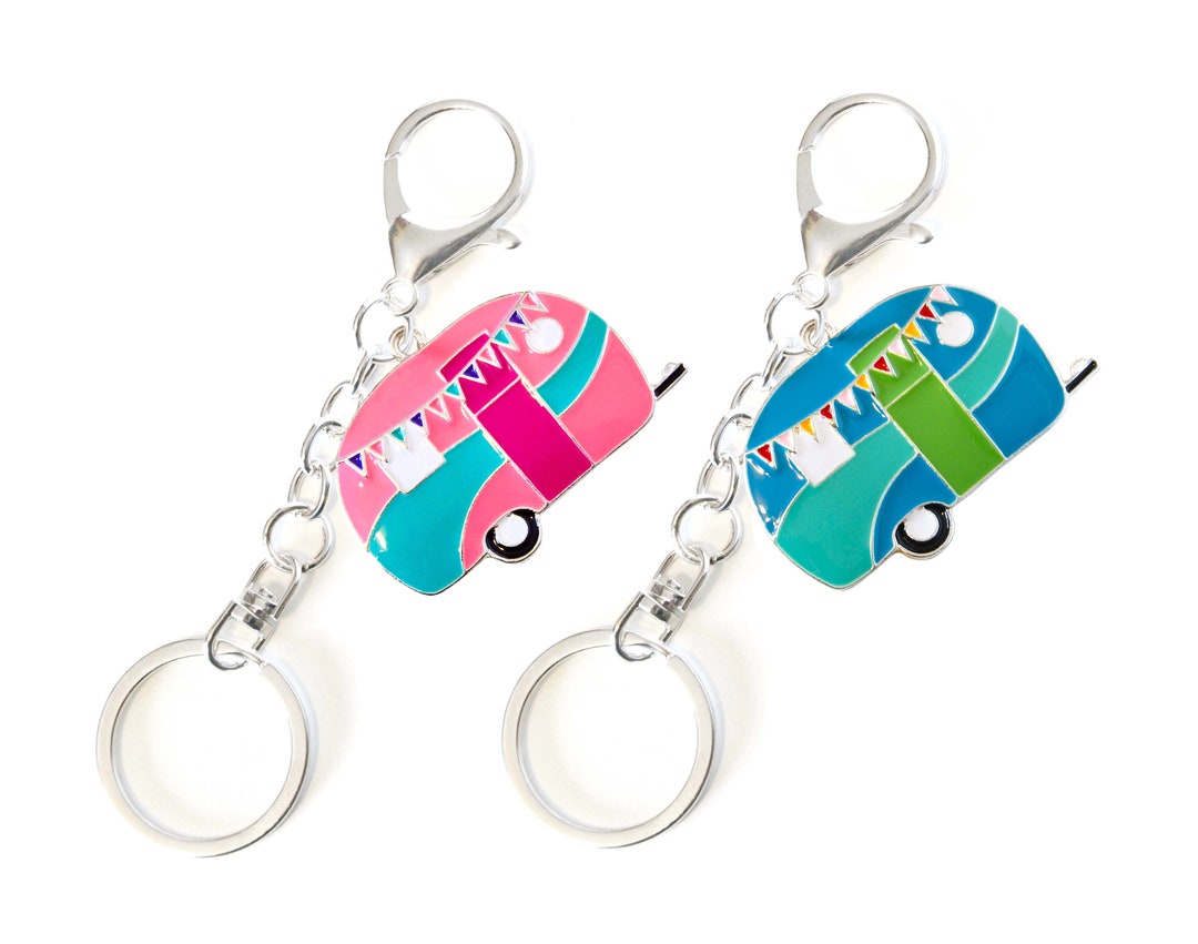 Camping Keychain Large Pink or Blue Enamel Camper Charm Swivel Keyring ...