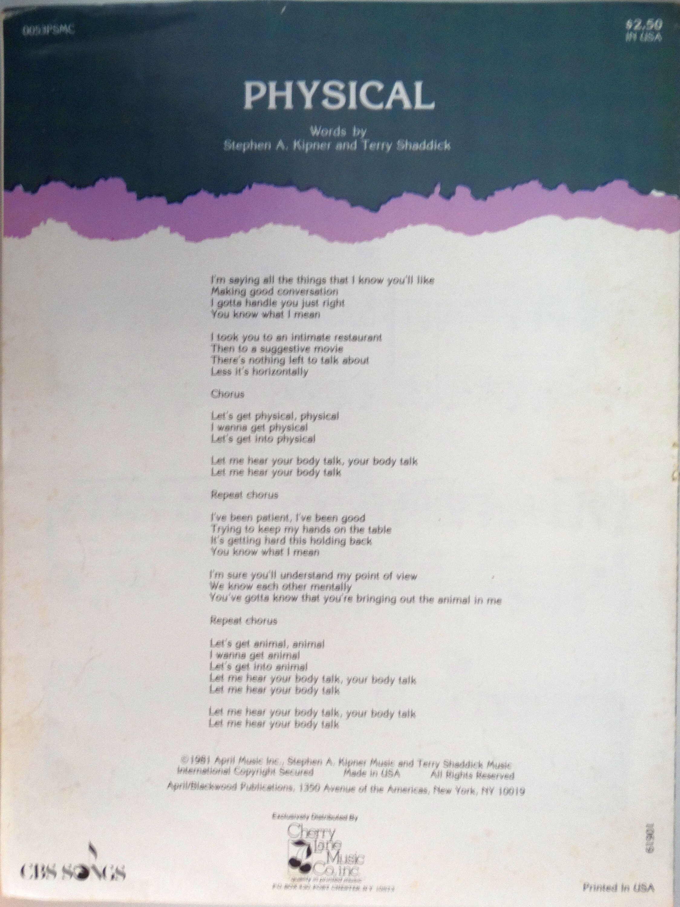Physical, vintage partituras por Steve Kipner y Terry Shaddick ...