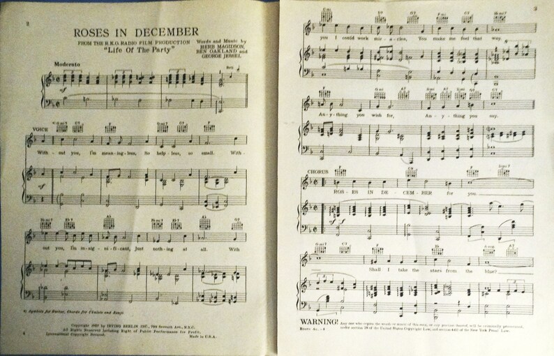 Roses in December Vintage Sheet Music by Magidson, Oakland, and Jessel ...