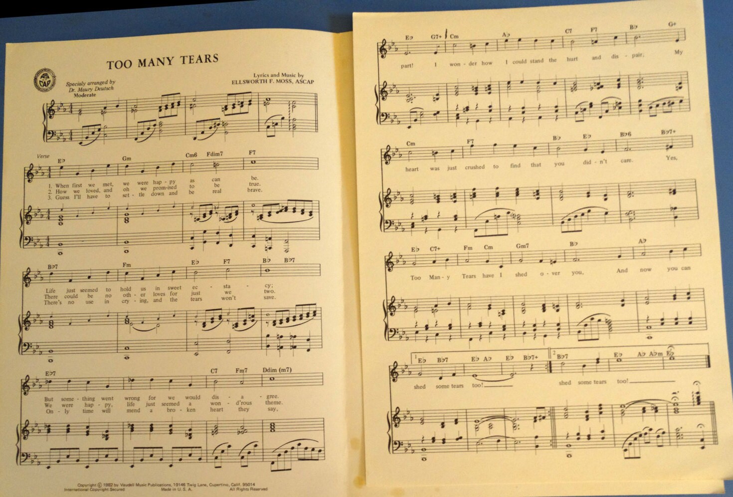 Too Many Tears RARE Vintage Sheet Music by Ellsworth, Artist Copy First ...