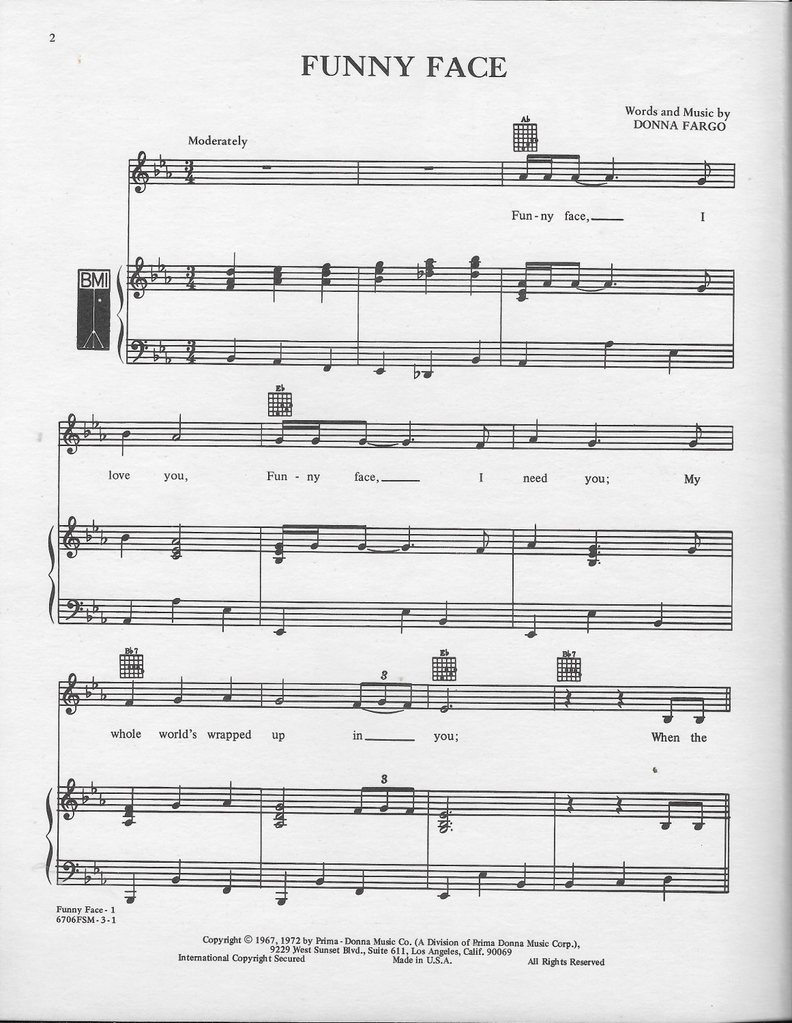 Funny Face Vintage Sheet Music by Donna Fargo, Recorded by Donna Fargo ...