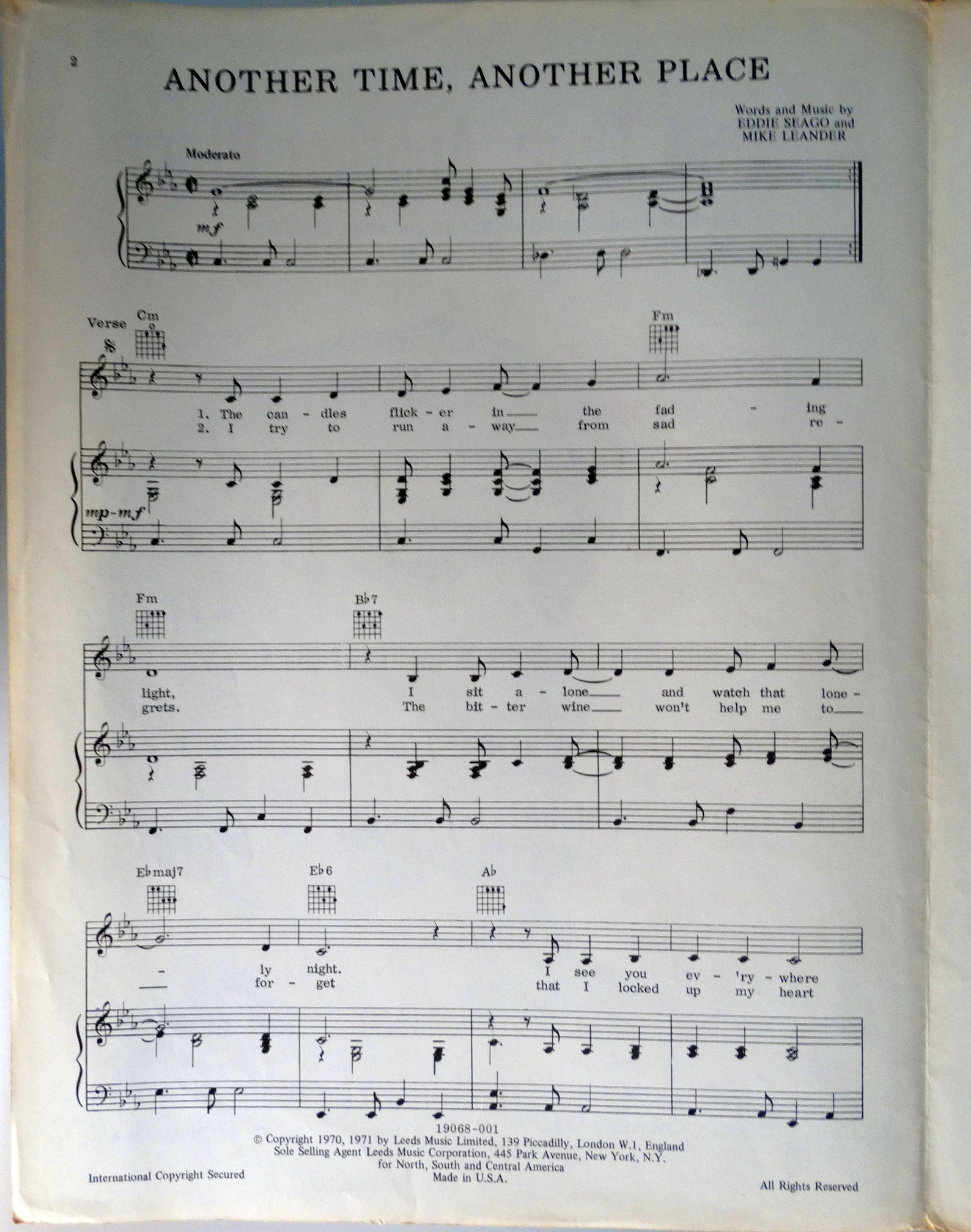 Another Time, Another Place Vintage Sheet Music by Eddie Seago and Mike ...