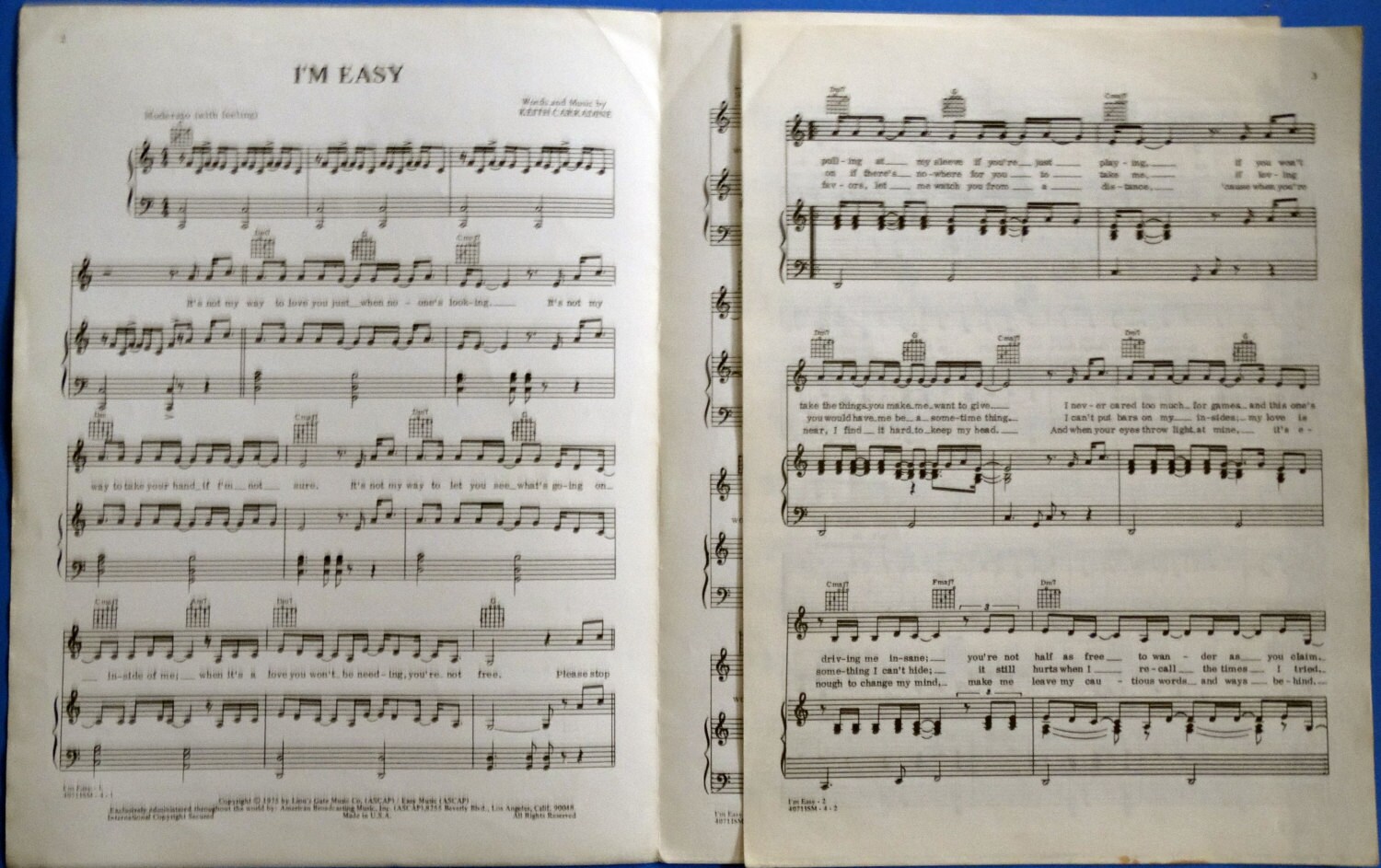 I'm Easy Vintage Sheet Music by Keith Carradine From the Motion Picture ...