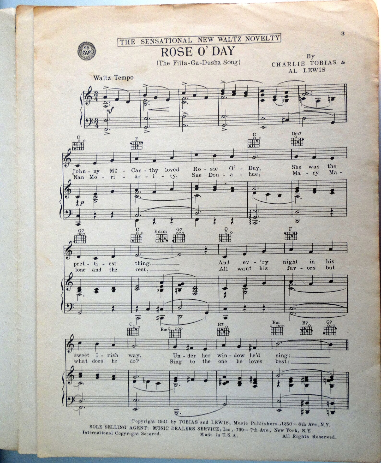 Rose O'day: the Filla-ga-dusha Song Vintage Sheet Music by Charlie ...