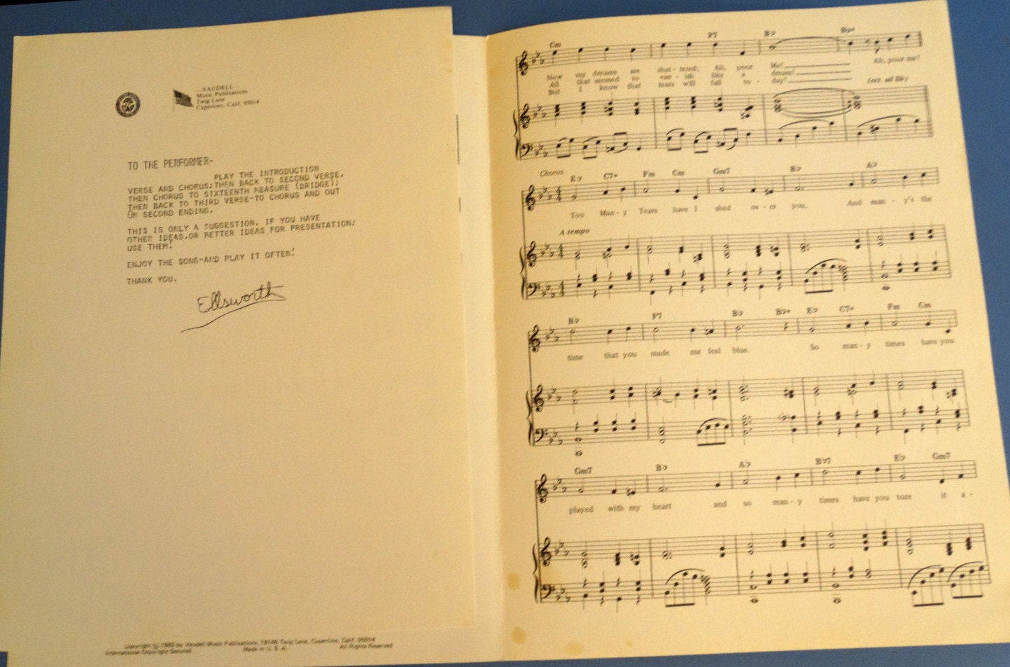 Too Many Tears RARE Vintage Sheet Music by Ellsworth, Artist Copy First ...