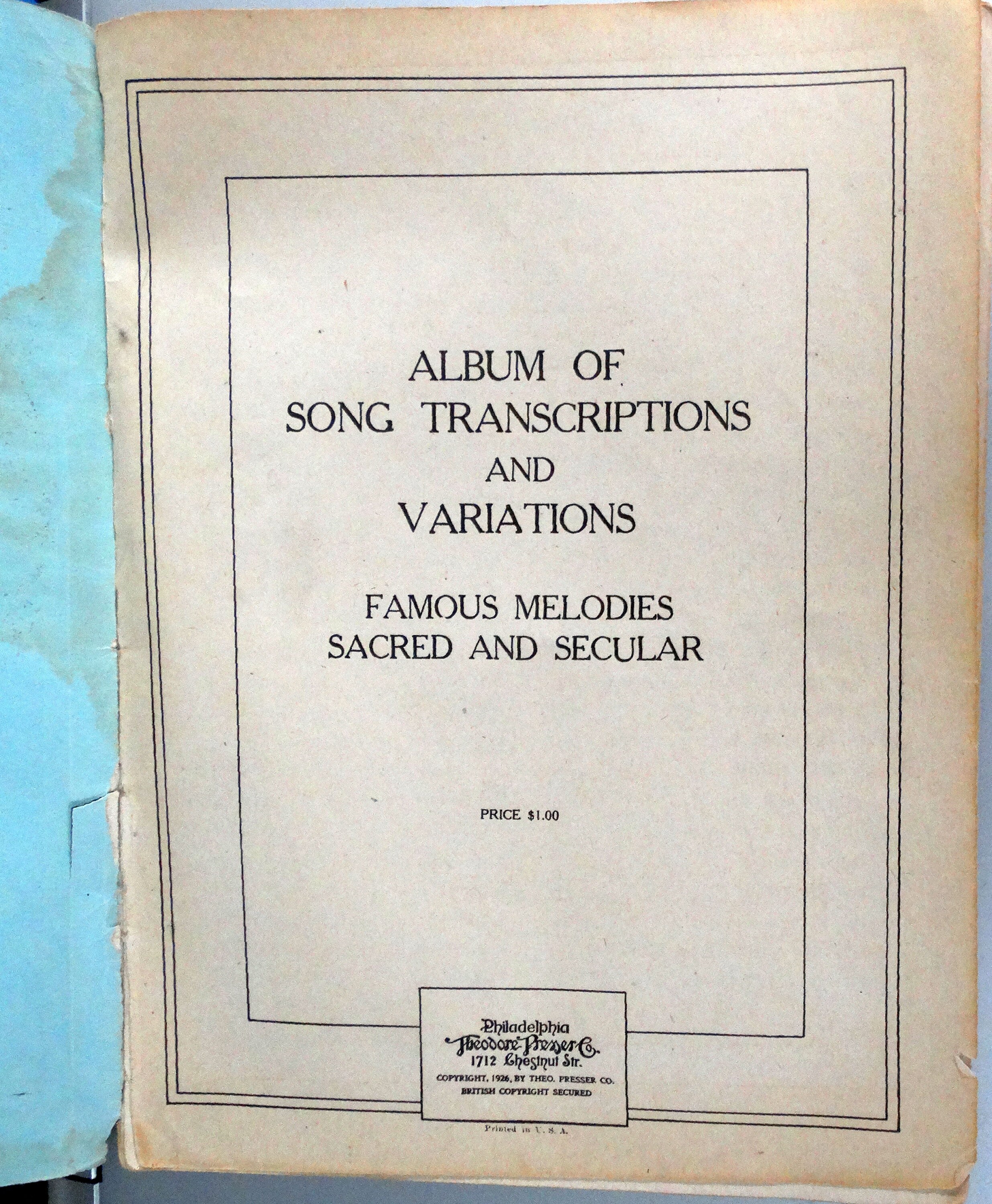 Album of Song Transcriptions and Variations Famous Melodies Sacred and ...