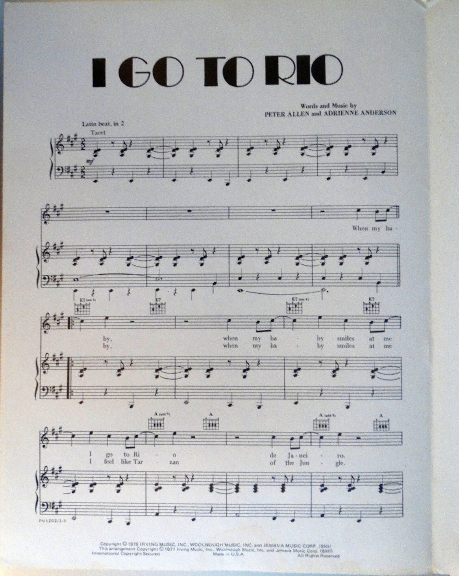 I Go to Rio Vintage Sheet Music by Peter Allen and Adrienne Anderson ...