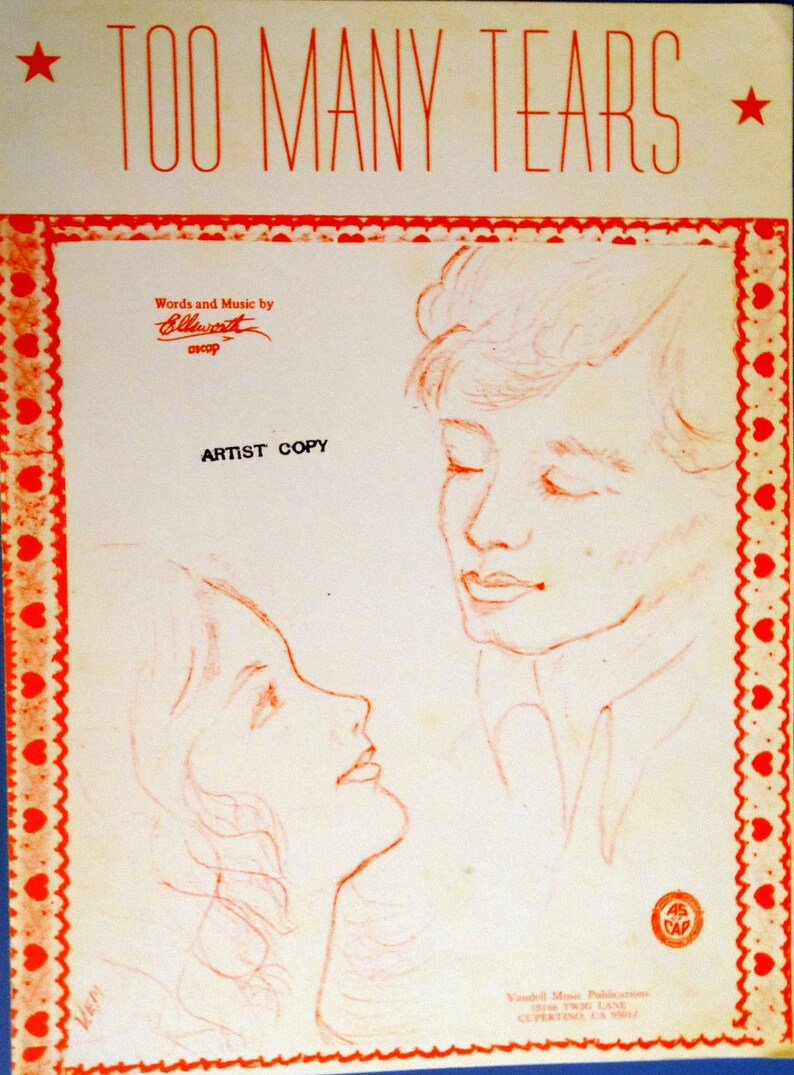 Too Many Tears RARE Vintage Sheet Music by Ellsworth, Artist Copy First ...
