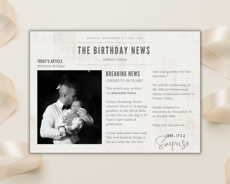 Newspaper Birthday Invitation | Newspaper Birthday | Milestone Birthday ...