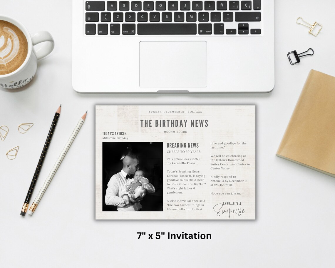 Newspaper Birthday Invitation | Newspaper Birthday | Milestone Birthday ...