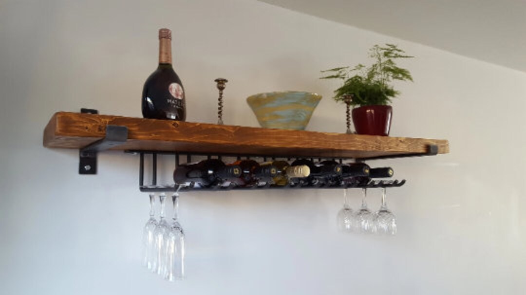 Complete Rustic Hanging Wine and Glass Rack With Shelf - Etsy