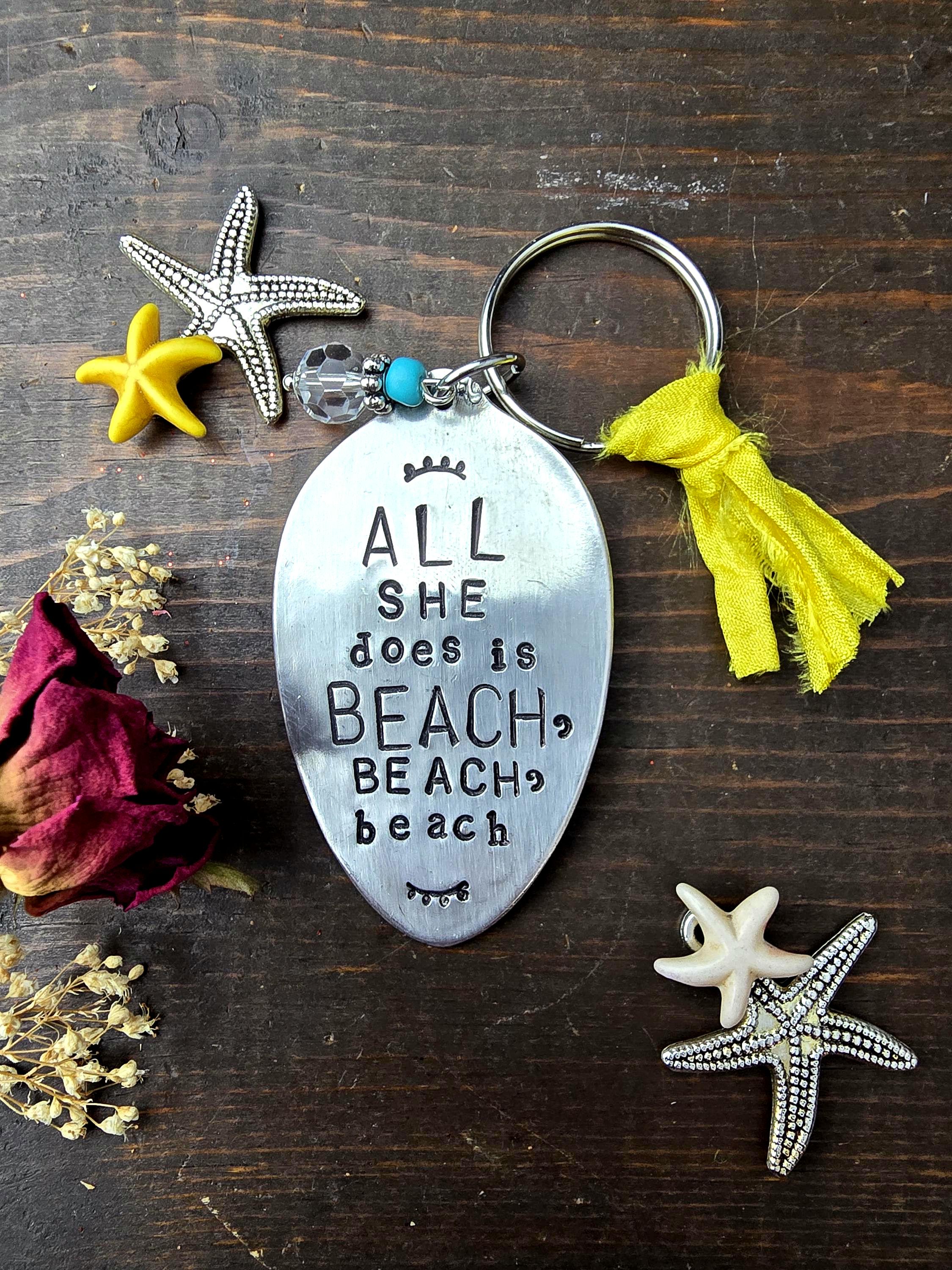 Stamped Spoon Keychain, All She Does is Beach, Coastal Keyring - Etsy